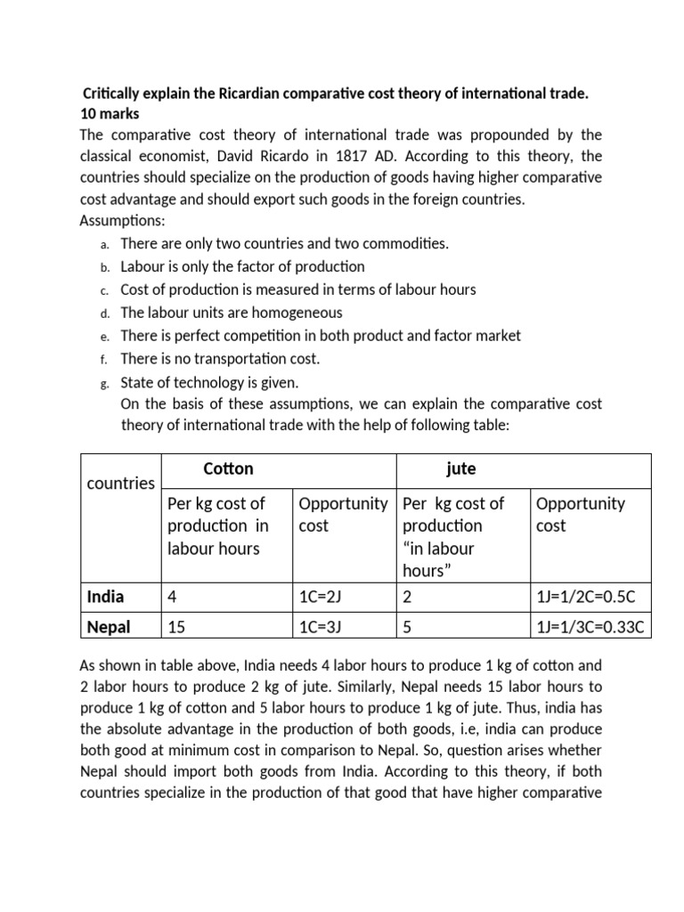 Critically Explain The Ricardian Comparative Cost Theory of ...