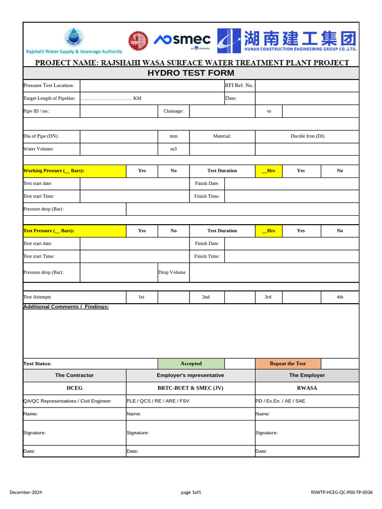 Pressure Test Form (B-001464-GWT-CW-R00-TP-0006) | PDF | Plumbing ...