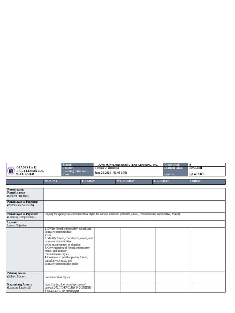 Melc DLL Eng 9 Week 3 q1 Done | PDF | Communication | Learning