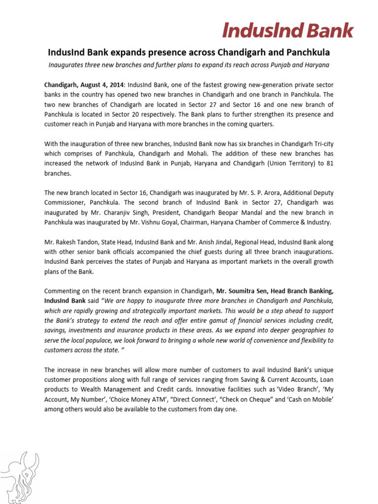 IndusInd Bank Expands in Chandigarh | PDF | Banks | Transaction Account
