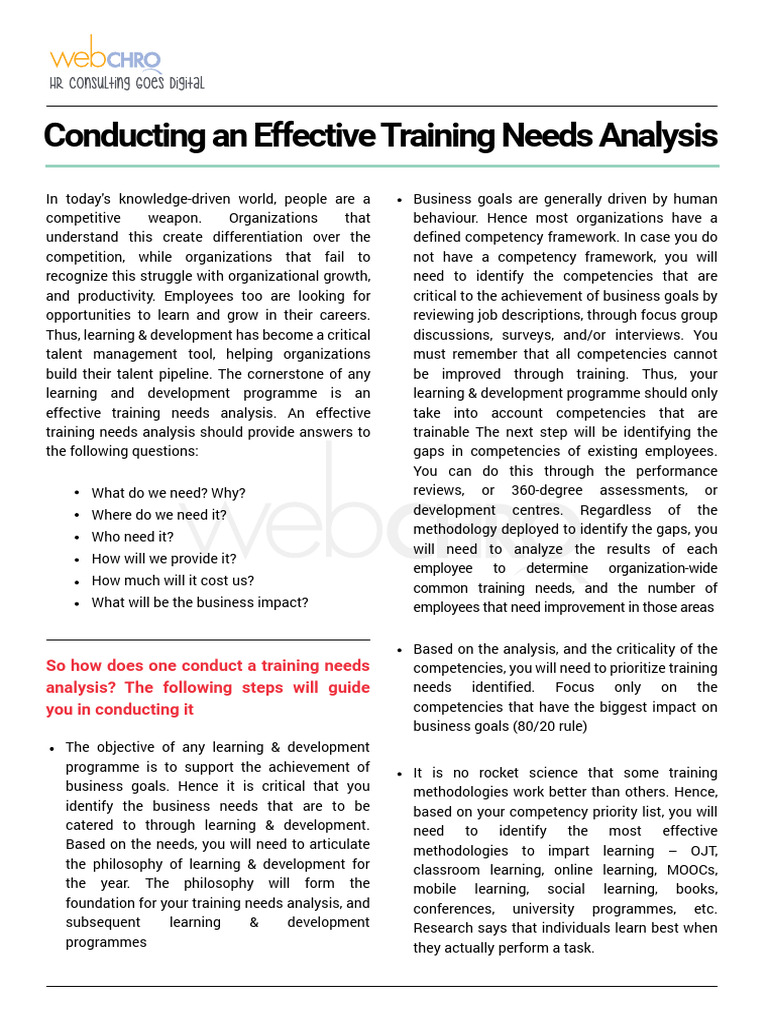 Conducting an Effective Training Needs Analysis | PDF | Methodology | Learning