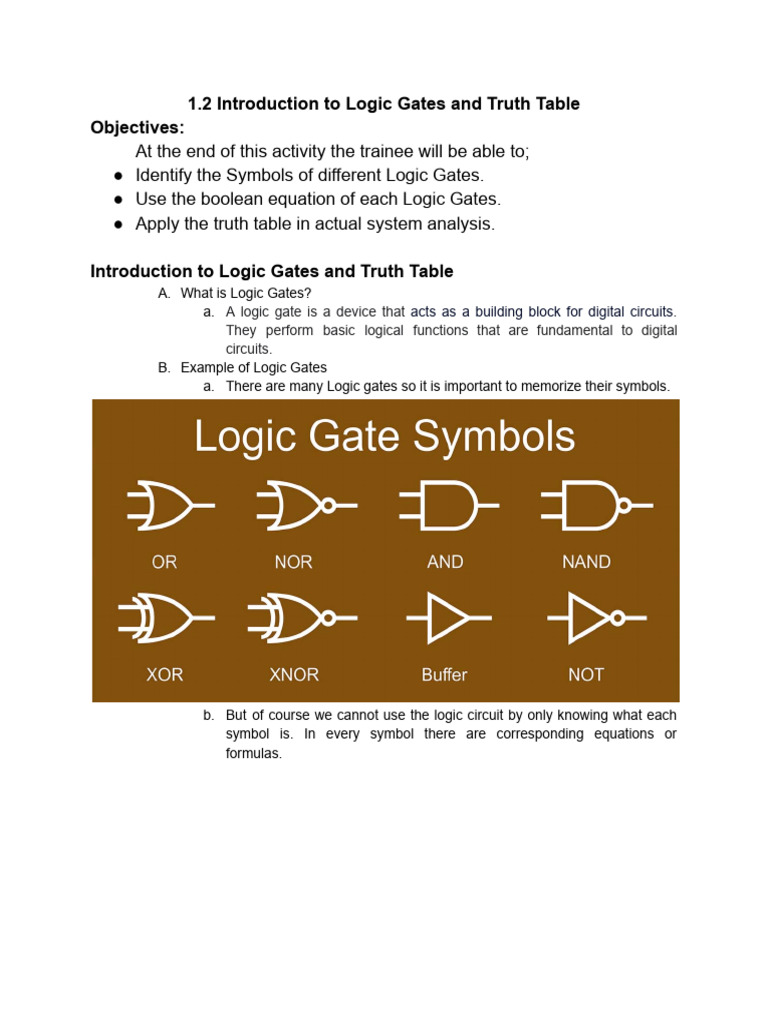 1.2 Introduction to Logic Gates and Truth Table | PDF | Logic Gate | Logic
