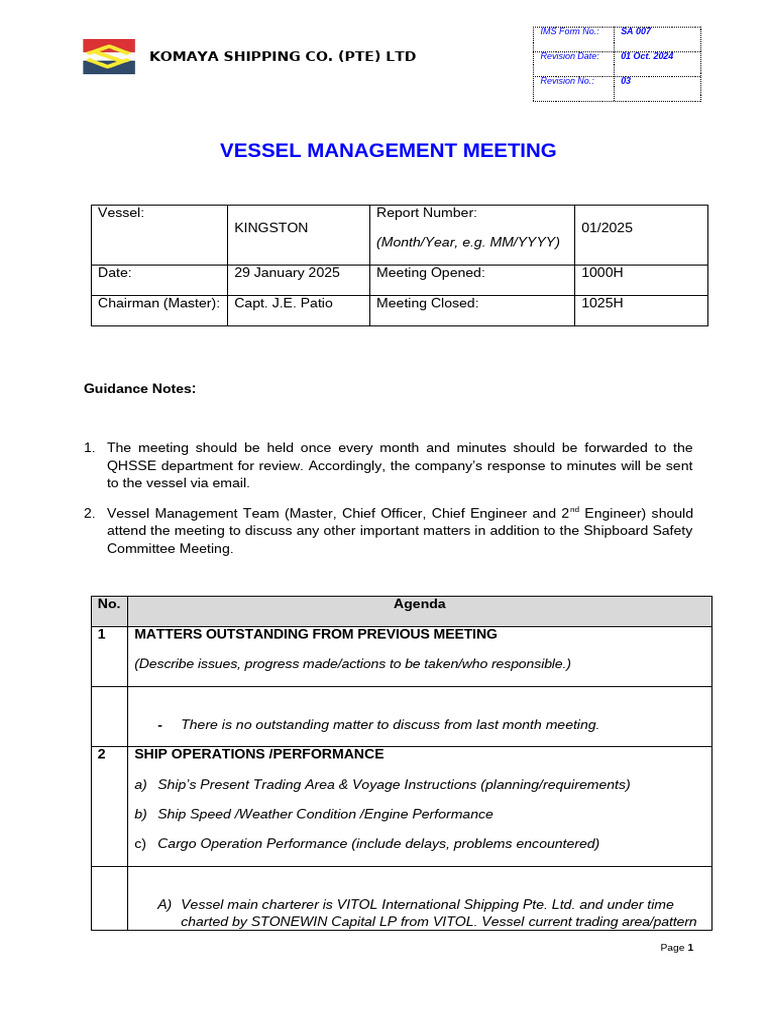 Kingston Vessel Management Meeting Report | PDF | Ships | Hygiene