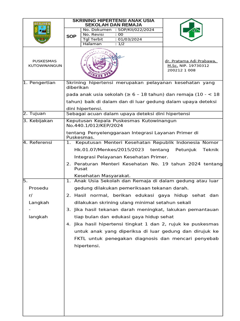 Sop Skrining Hipertensi Pada Anak Usia Sekolah Dan Remaja | PDF