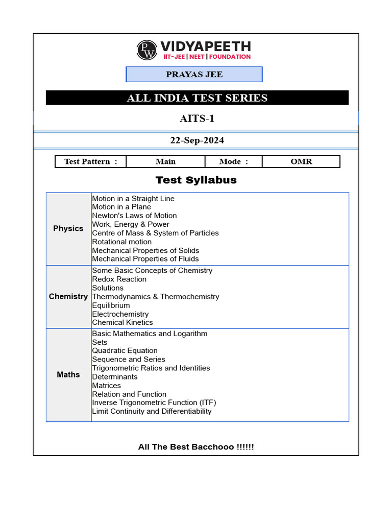 AITS Test - 01 - Test Syllabus | PDF
