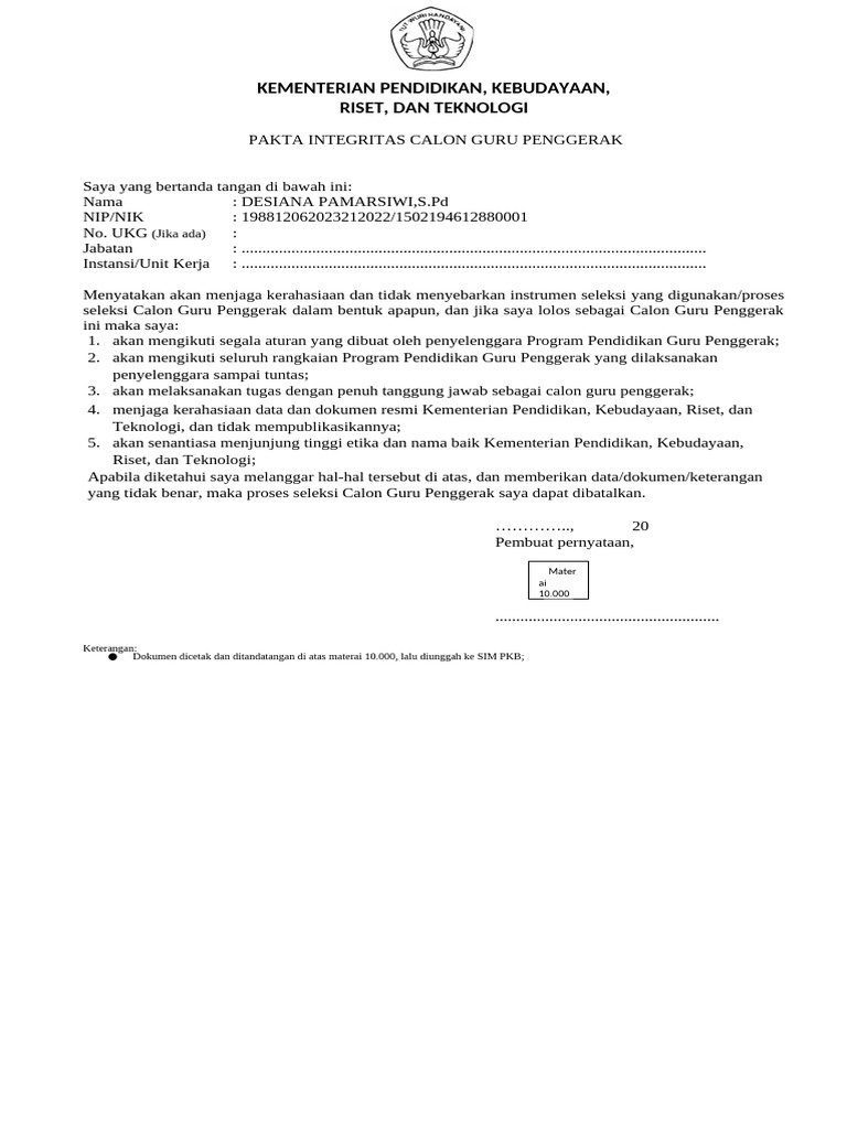 Pakta Integritas CGP 11 REGULER | PDF