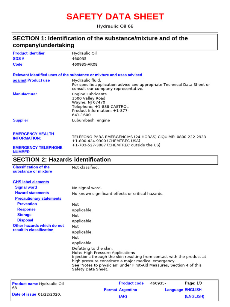 hydraulic MSDS | PDF | Chemistry | Occupational Safety And Health