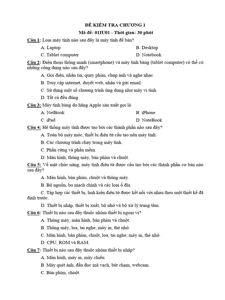 Đề KT1 Chương 1 - Hiểu Biết Về CNTTCB | PDF