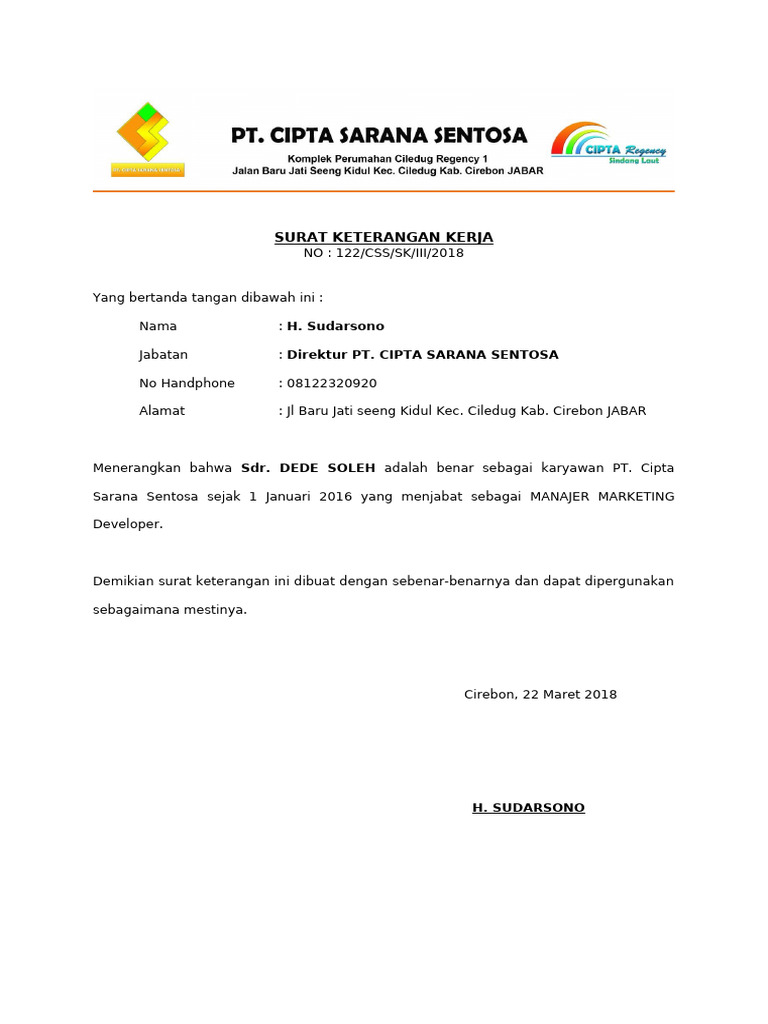 Surat Keterangan Kerja Karyawan PT CSS | PDF