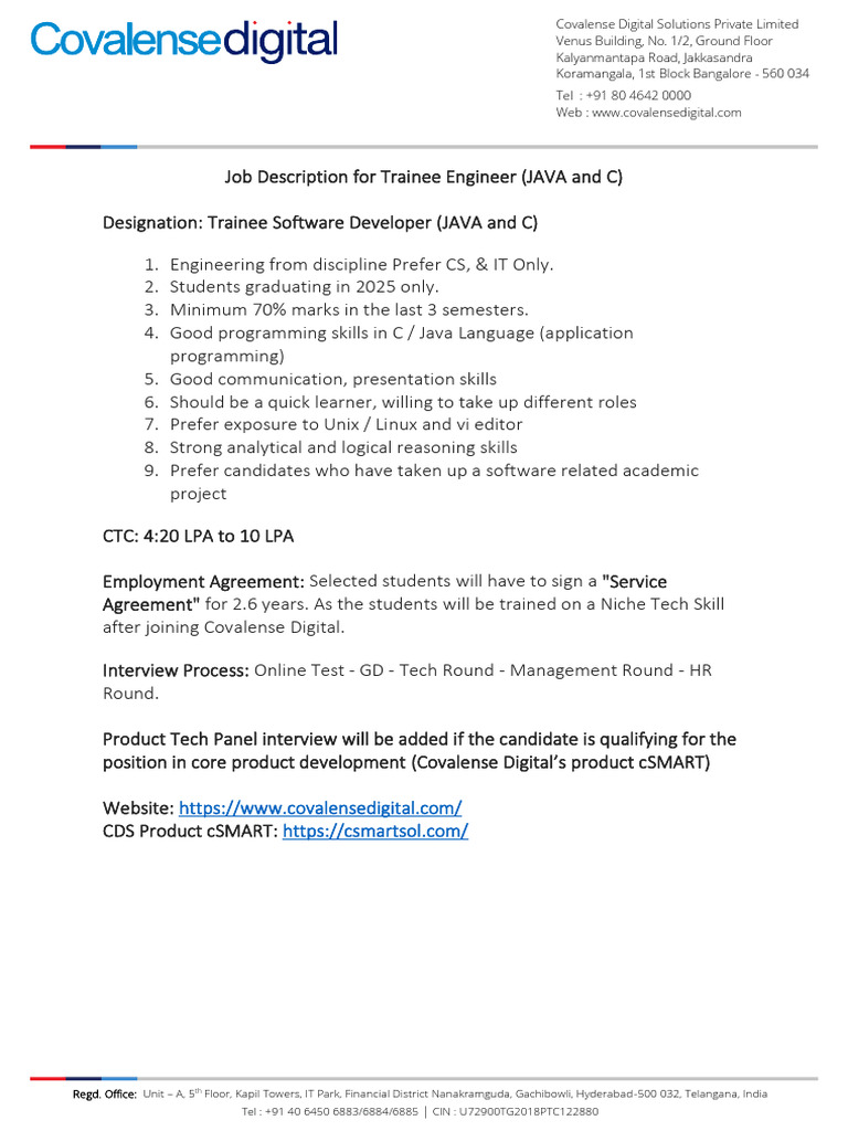 Job Description for Trainee Engineer - 2025 _Covalense Digital | PDF ...