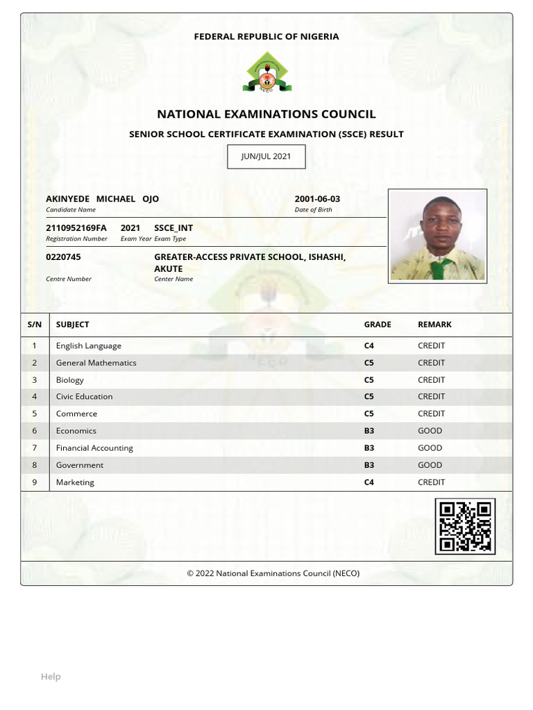 2021 NECO SSCE Results for Akinyede Michael | PDF