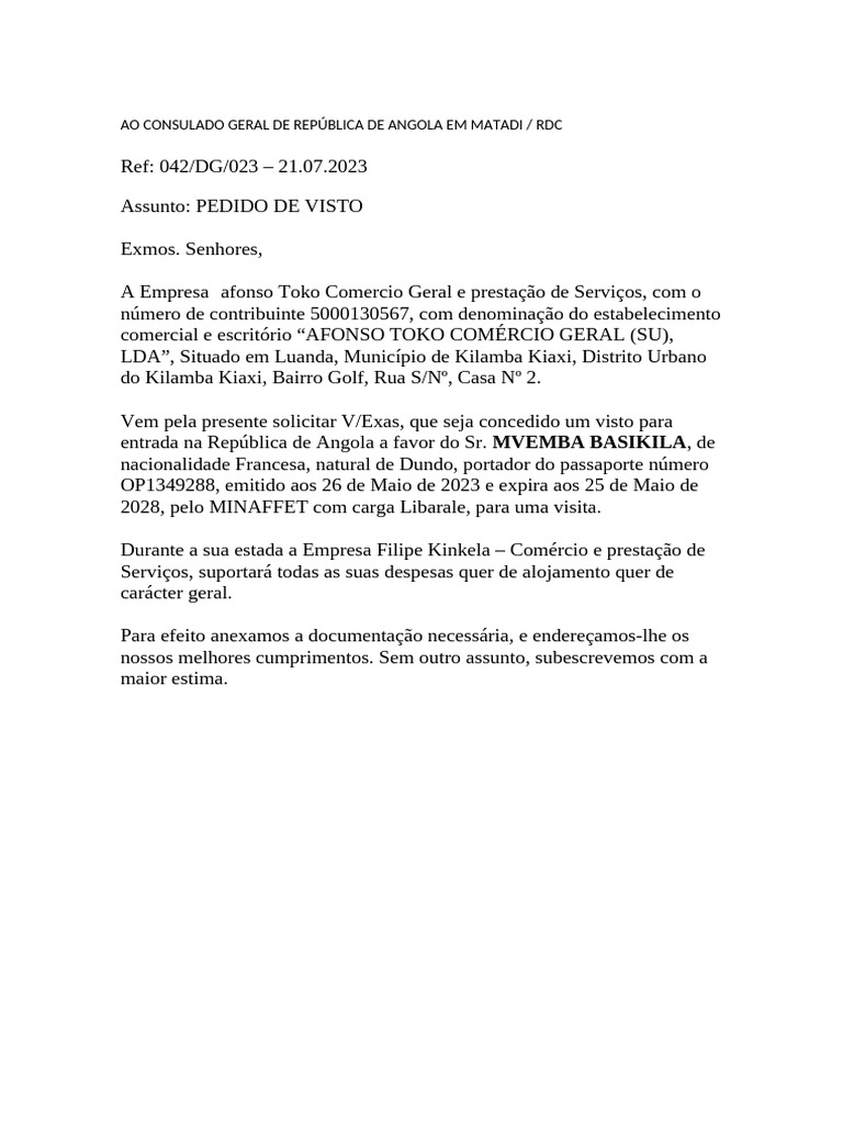 CARTA DE PEDIDO DE VISTO | PDF