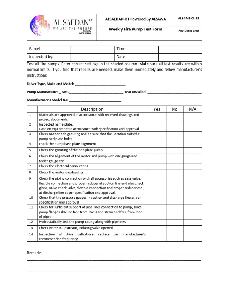 Weekly Fire Pump Test Checklist | PDF | Pump | Valve