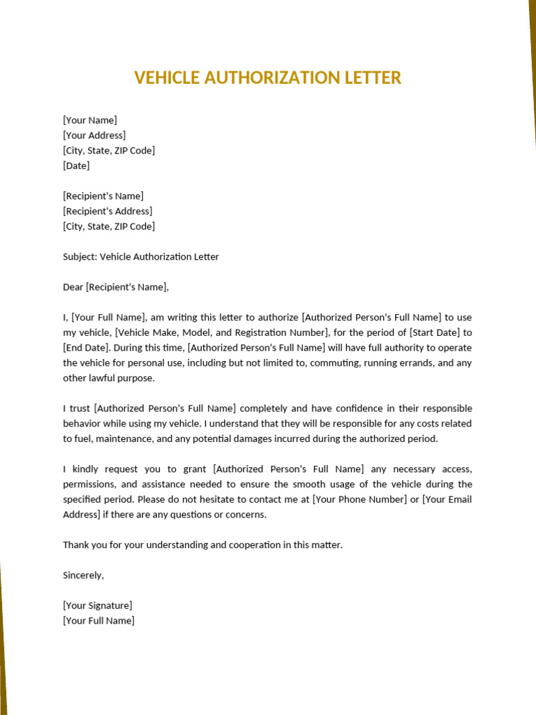 Vehicle Authorization Letter Template | PDF
