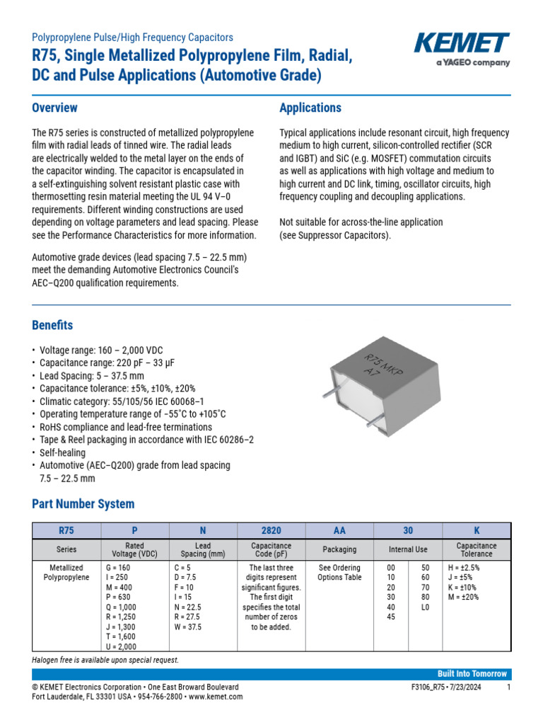 R75, Single Metallized Polypropylene Film, Radial, DC and Pulse ...