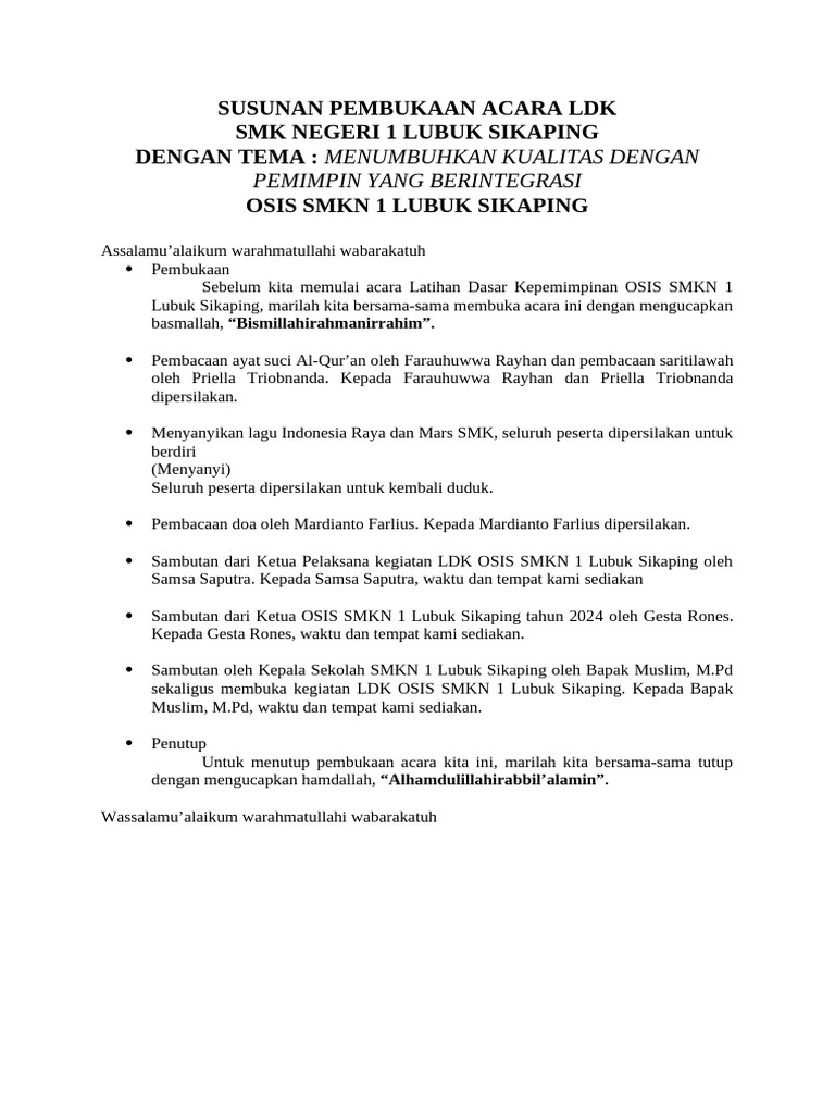 Susunan Pembukaan Acara LDK | PDF