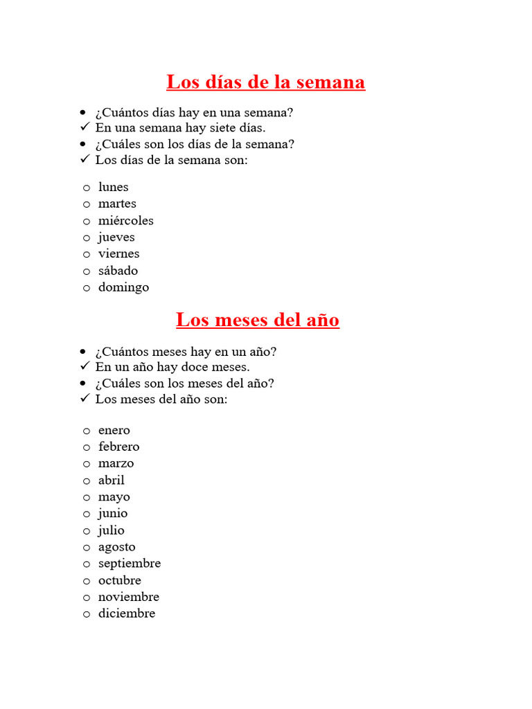 Días de la Semana y Meses del Año | PDF