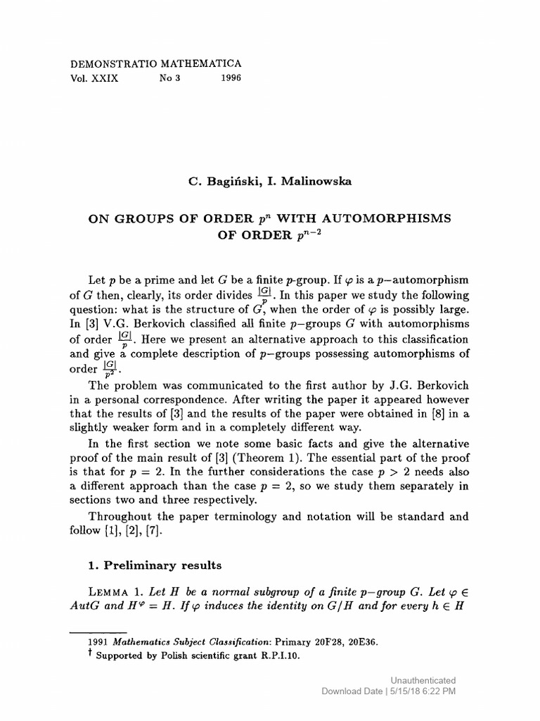 On Groups of Order P N With Automorphisms of Order | PDF | Group (Mathematics) | Mathematical ...