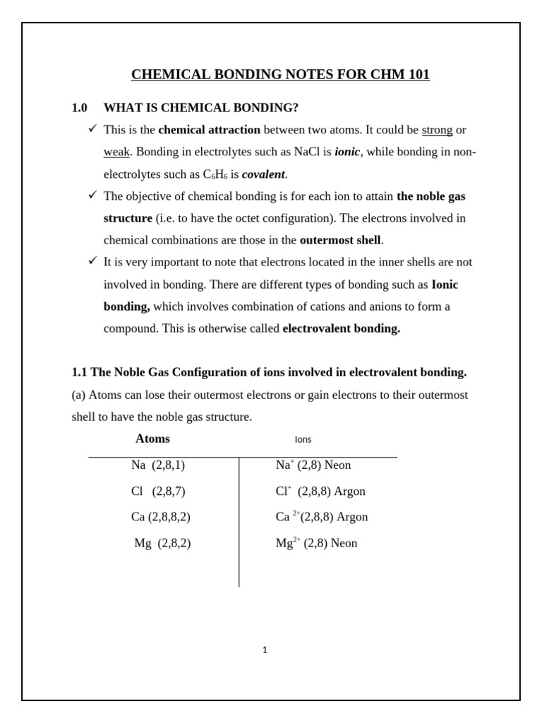 CHEMICAL BONDING NOTE FOR CHM 101 | PDF | Ionic Bonding | Chemical Bond