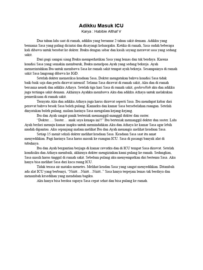 Teks Narasi - Adikku Masuk ICU - Karya Althaf Kelas 3 | PDF