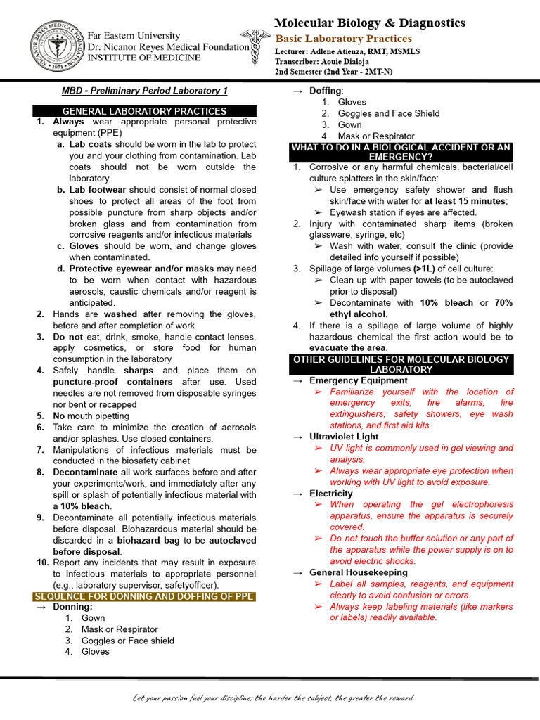 MBD Lab P1 [Basic Laboratory Practices] | PDF | Polymerase Chain Reaction
