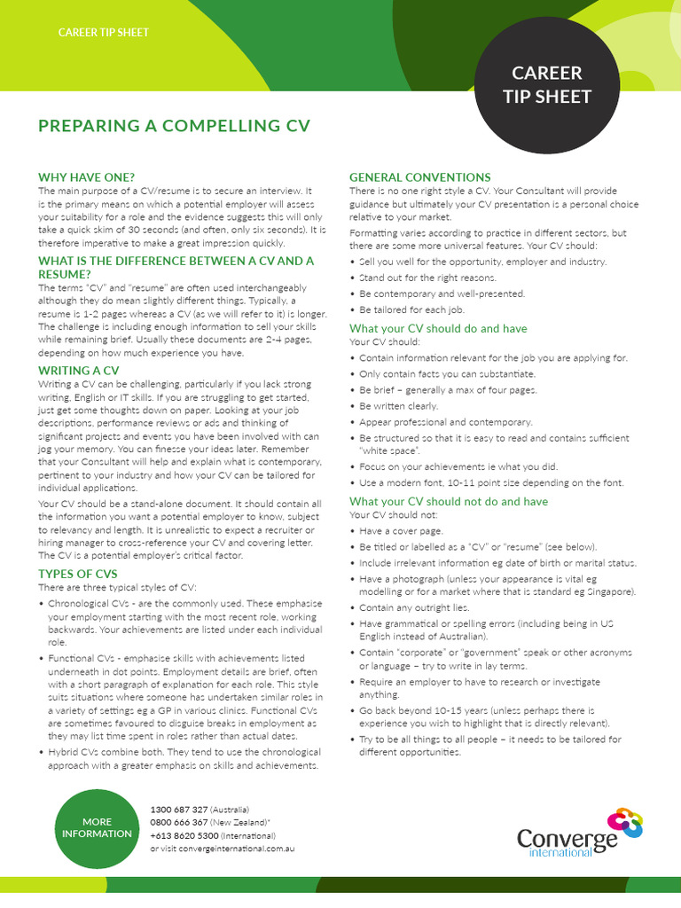Career Tip Sheet - CV Preparation | PDF | Résumé
