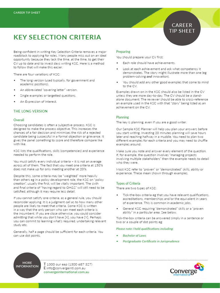 Career Tip Sheet – Key Selection Criteria | PDF
