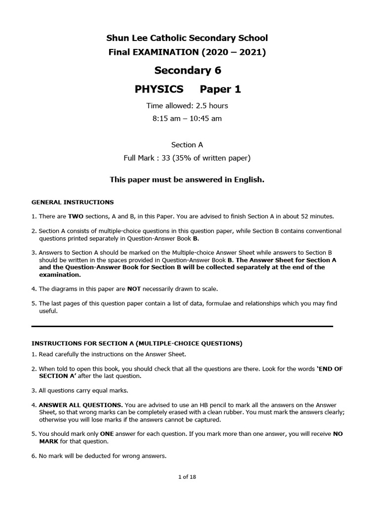 Physics Exam Paper 1 - S6 2020-2021 | PDF | Inductor | Radioactive Decay