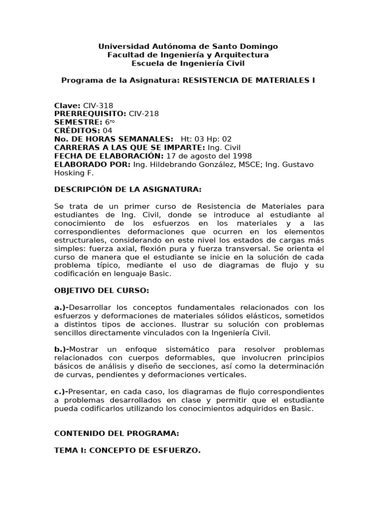 Programa CIV-318 | PDF | Deformación (ingeniería) | Resistencia de materiales