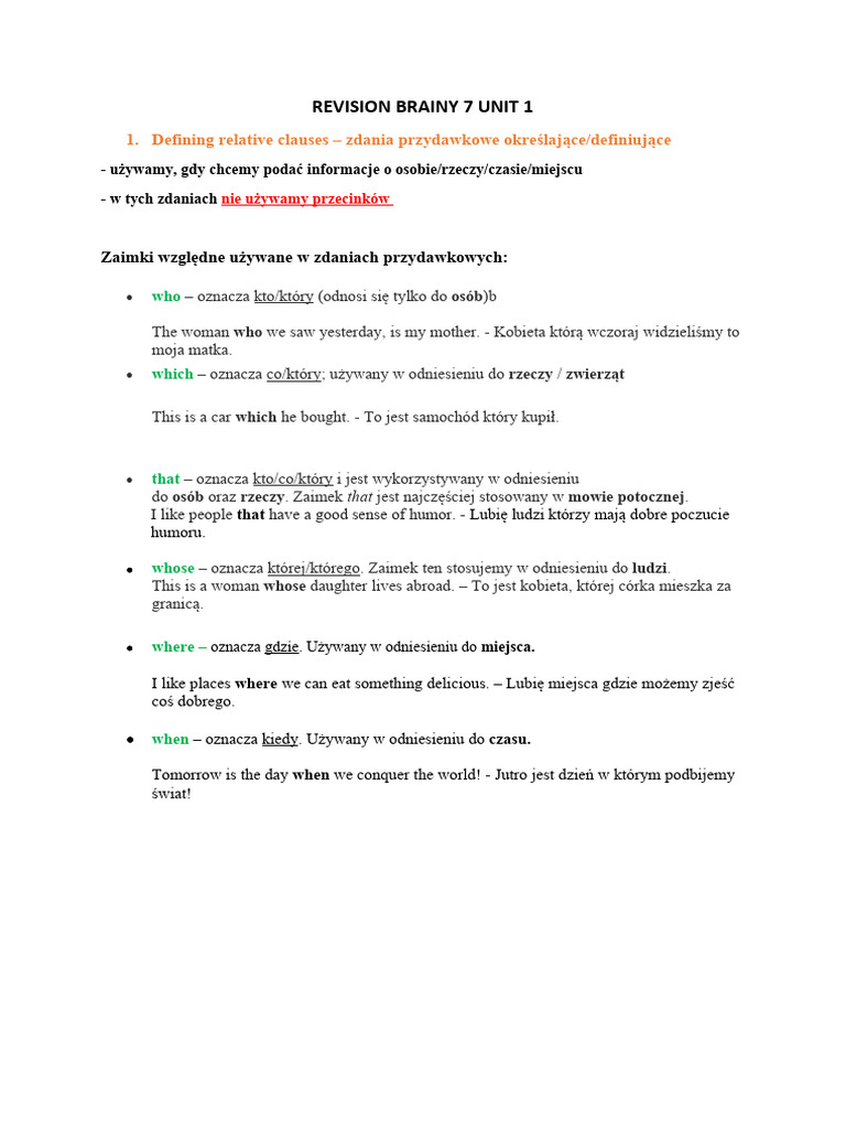 Brainy 7 Unit 1 Gramatyka | PDF