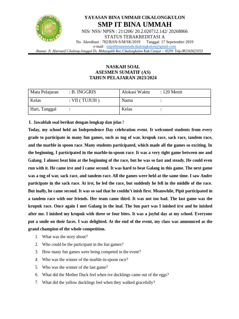 Assessment Questions for English Class VII | PDF | Duck | Waterfowl