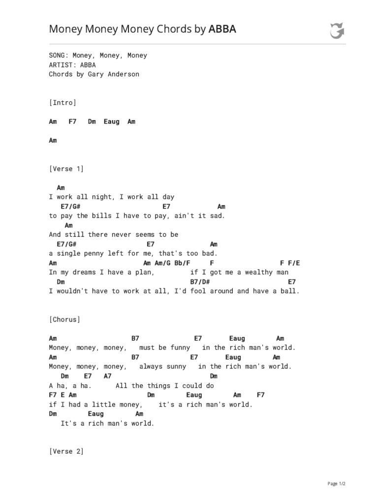 Money Money Money Chords by ABBAtabs @ Ultimate Guitar Archive | PDF ...