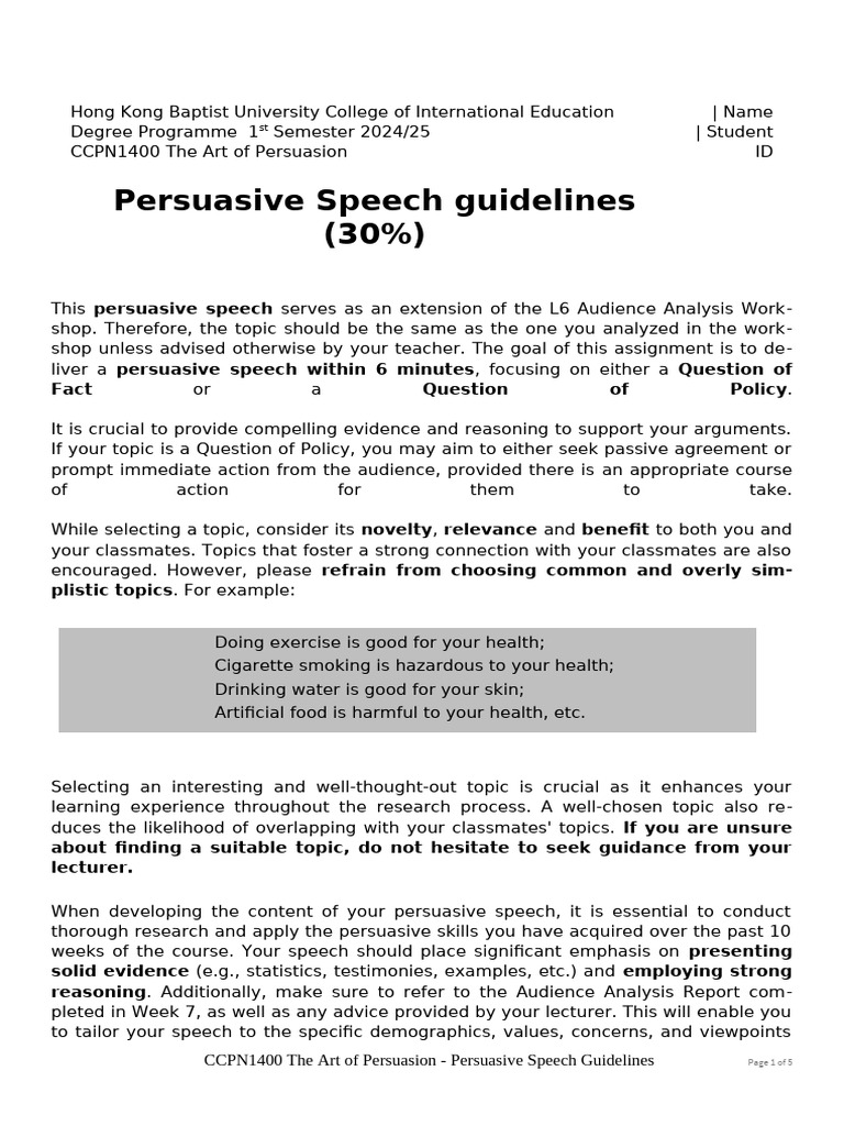 Persuasive Speech guidelines_2425_S2 | PDF | Rhetoric | Turnitin