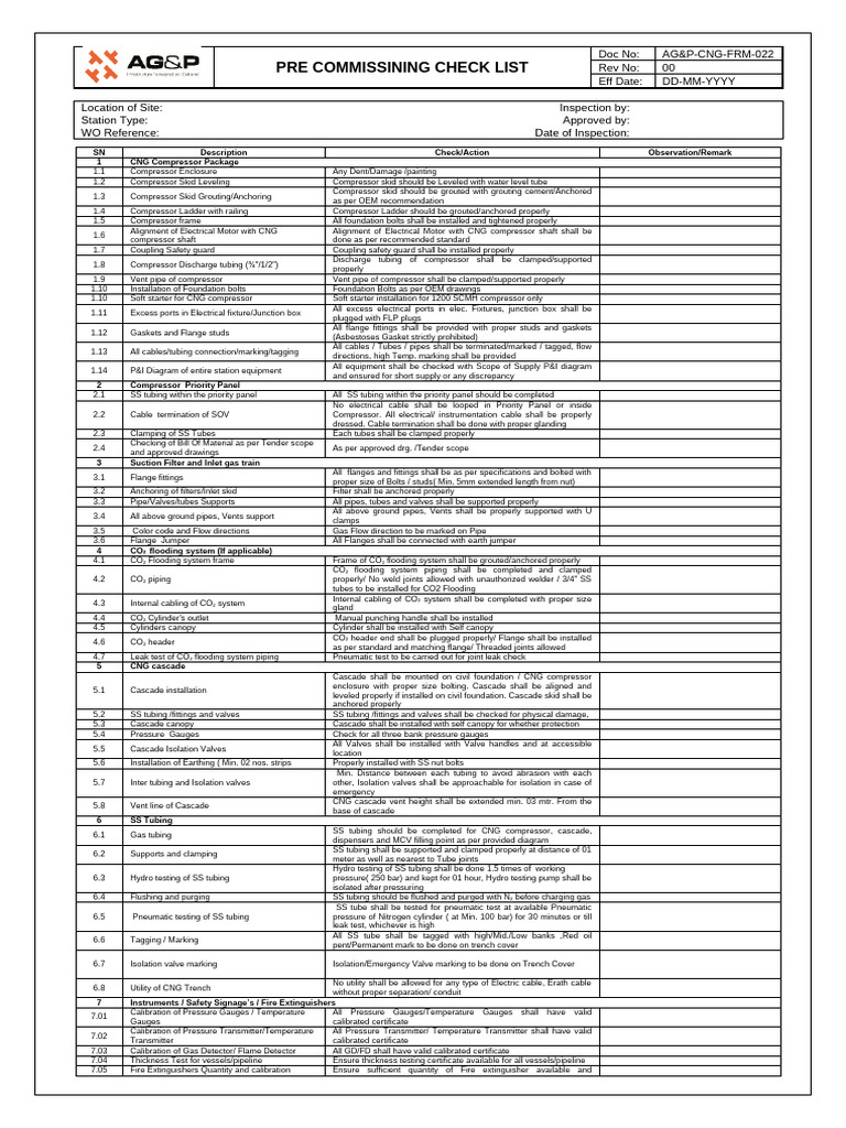 AG&P-CNG-FRM-022-Pre-commissioning Checklist | PDF | Pipe (Fluid ...