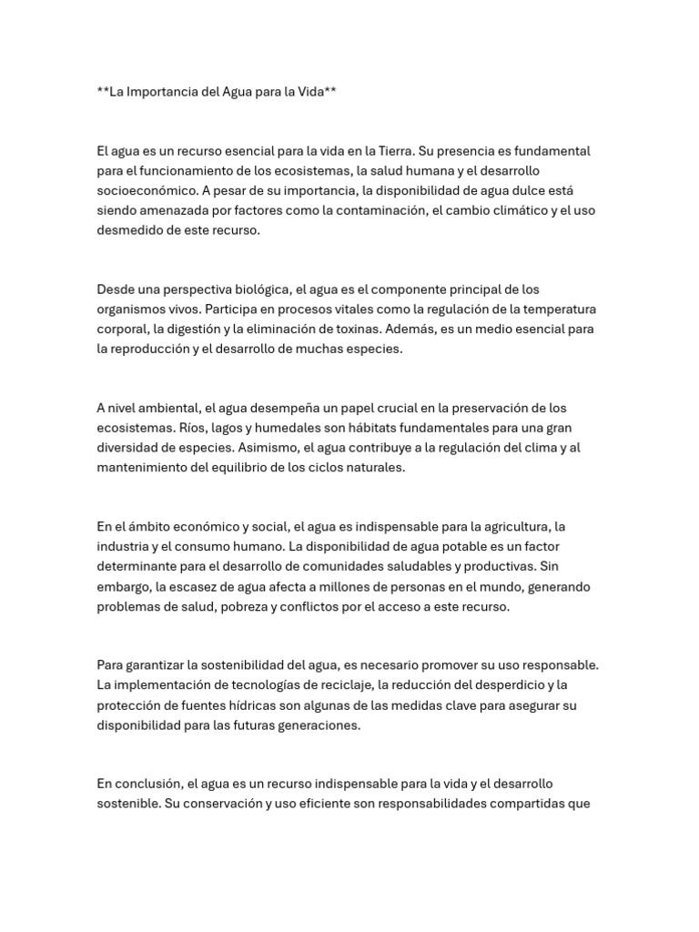 La Importancia Del Agua para La Vida | PDF