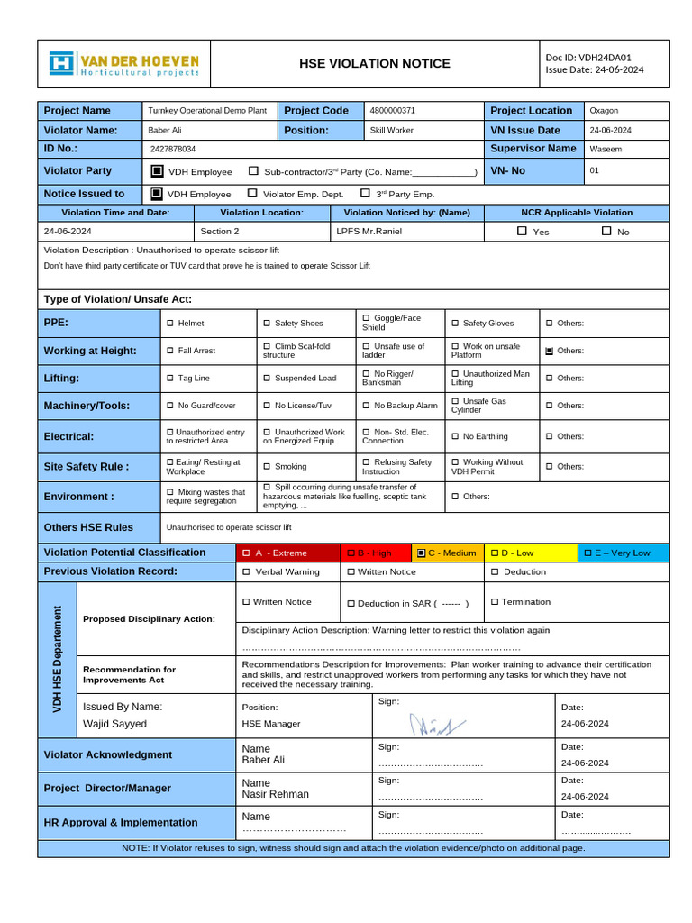 VDH HSE Violation Notice. Baber 1 | PDF | Workplace | Labor Relations