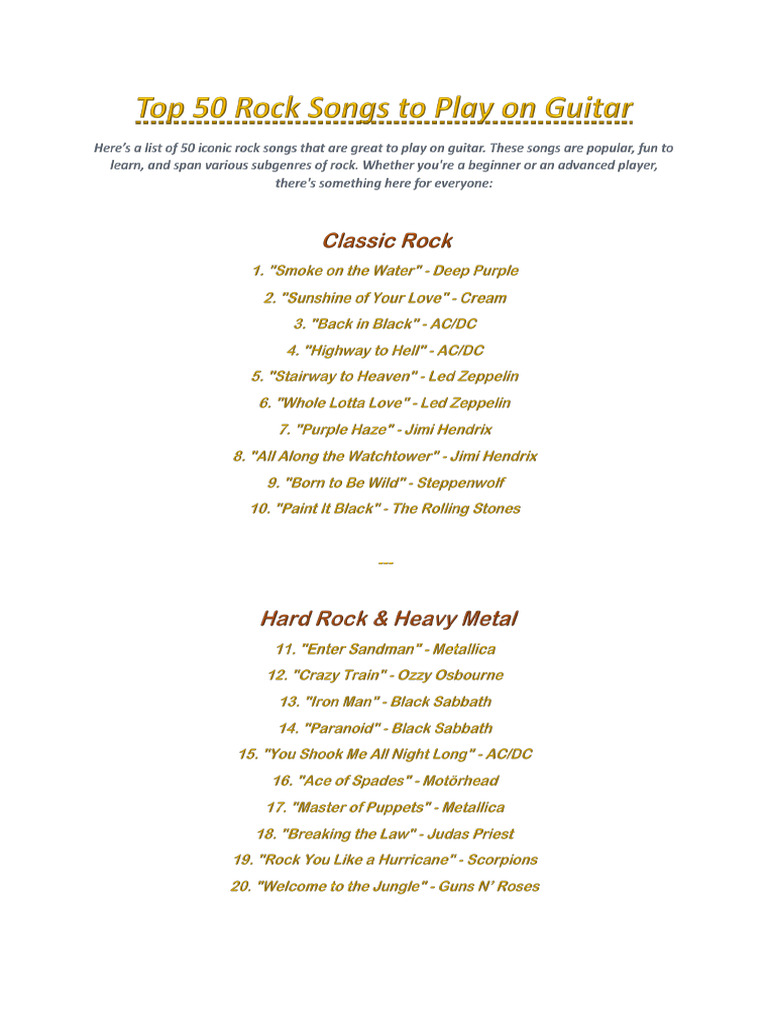 Top 50 Rock Songs To Play On Guitar | PDF