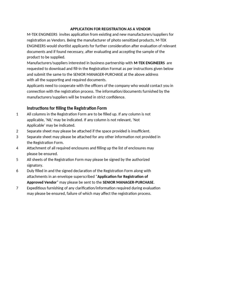 Vendor Registration Application for M-TEK | PDF