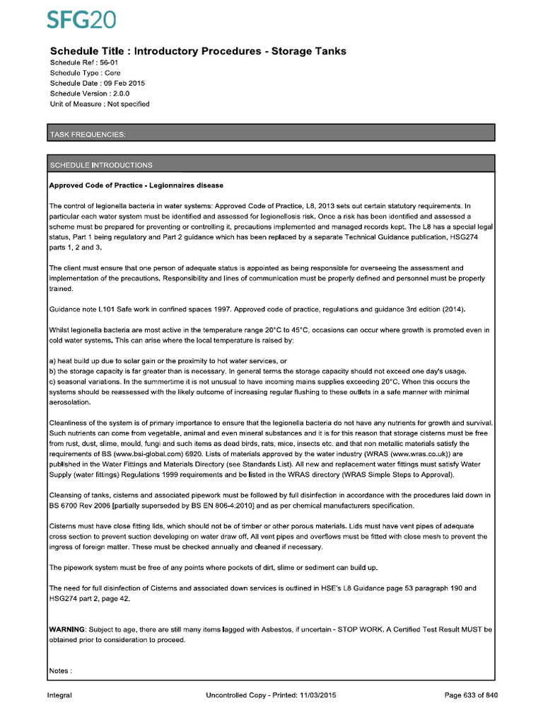 Cold Water Storage Tank Maintenance Checklist | PDF