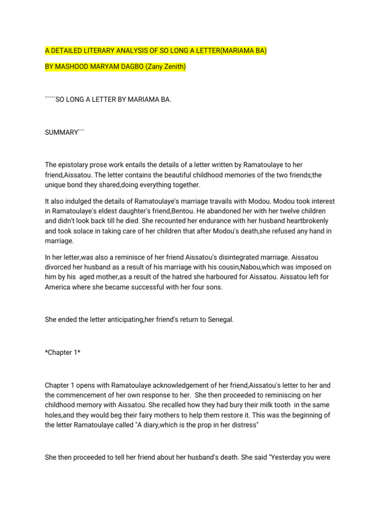 Literary Analysis of "So Long a Letter" | PDF | Feminism | Gender Studies