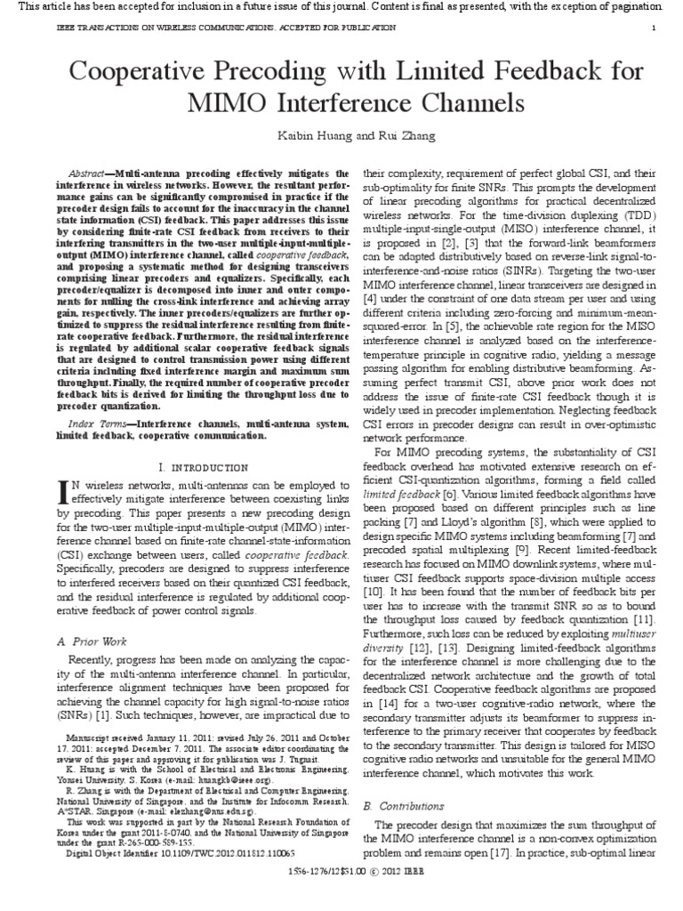 Cooperative Precoding With Limited Feedback For MIMO Interference ...