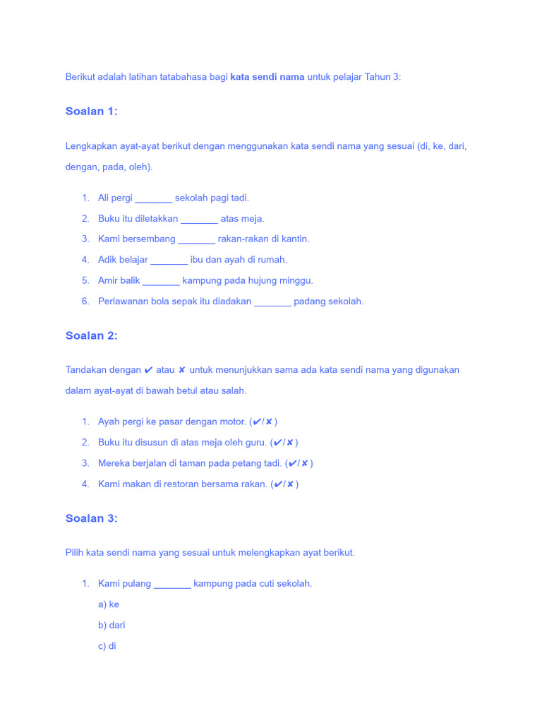 Latihan Kata Sendi Nama Tahun 3 | PDF
