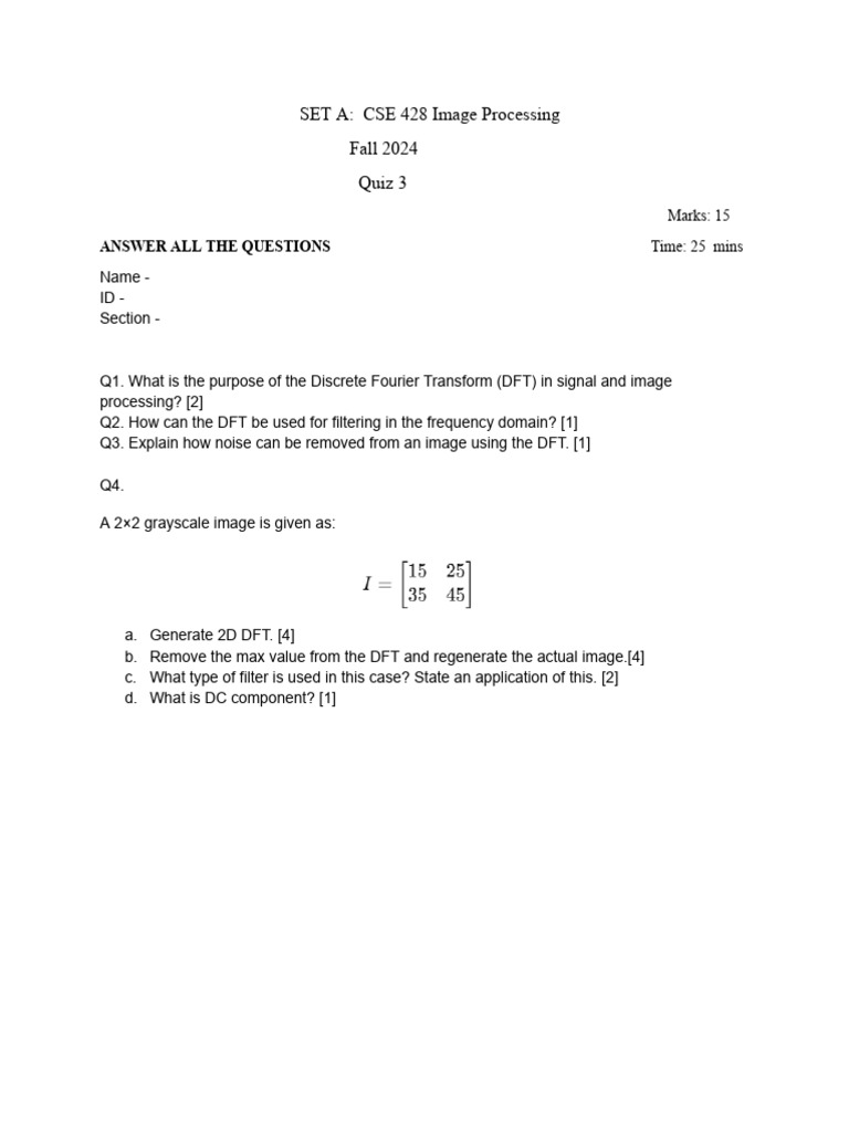 SET A - CSE 428 Image Processing Quiz 3 | PDF