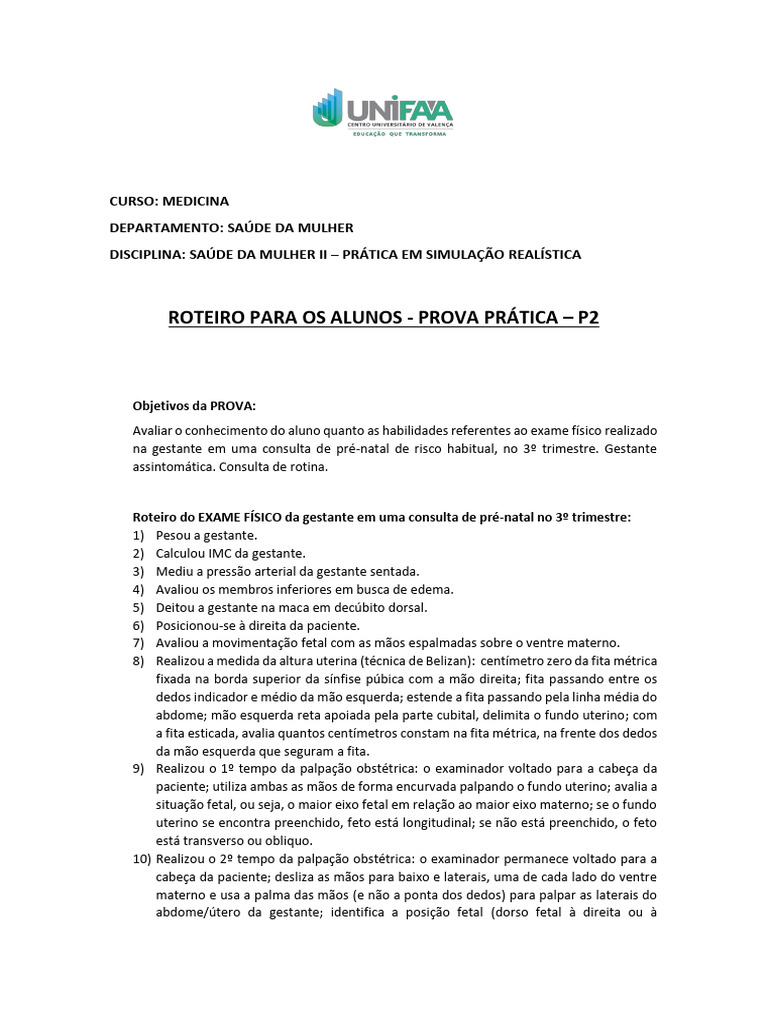 ROTEIRO PARA O ALUNO PROVA PRÁTICA P2 SM 2 2023 1ºSEM | PDF | Gravidez | Pélvis