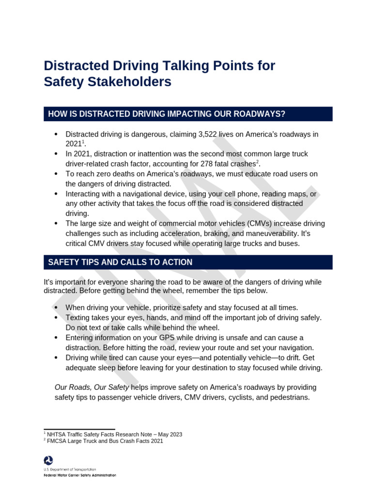 FMCSA - Distracted Driving OROS Talking Points - 2024-Updated | PDF