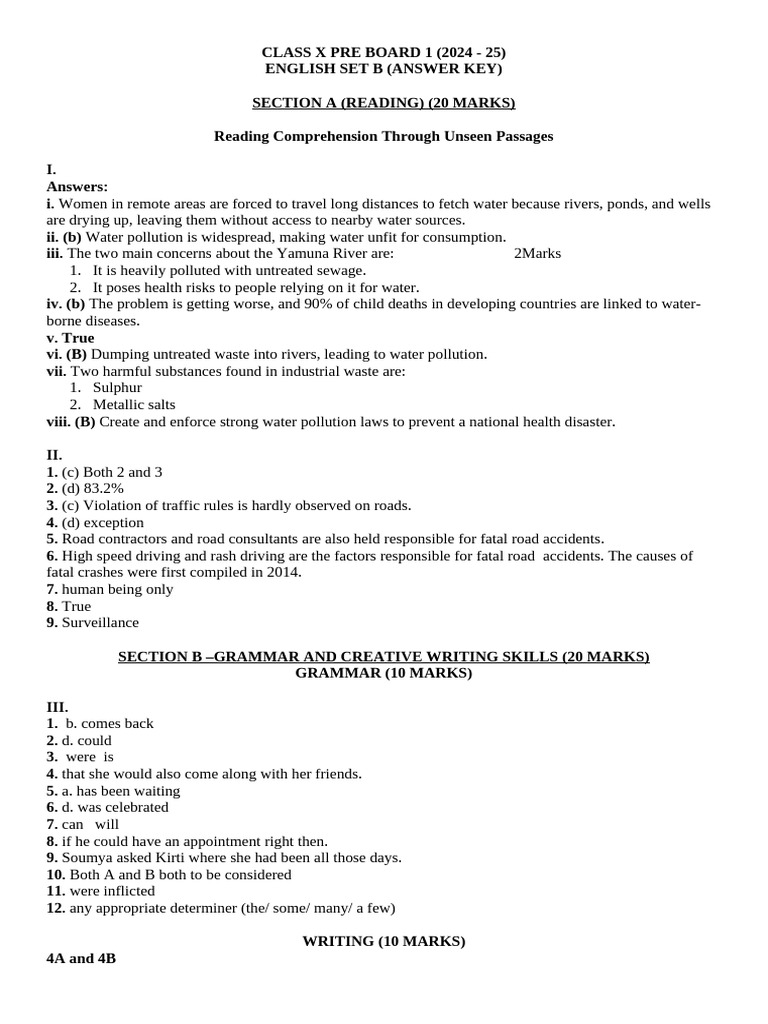 Class X Pb1 Set B English Answer Key | PDF | Love | Courage