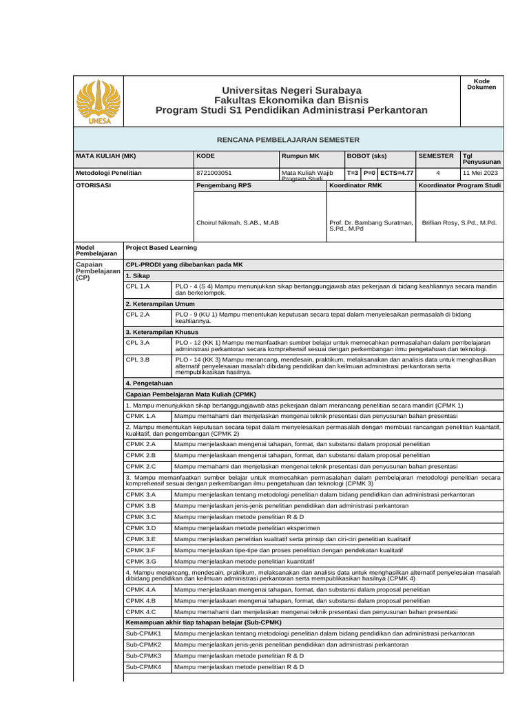 RPS Metodologi Penelitian | PDF
