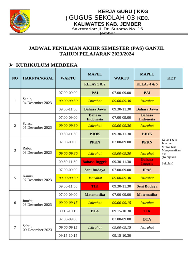 Jadwal Pas Ganjil Ta. 2023-2024 | PDF