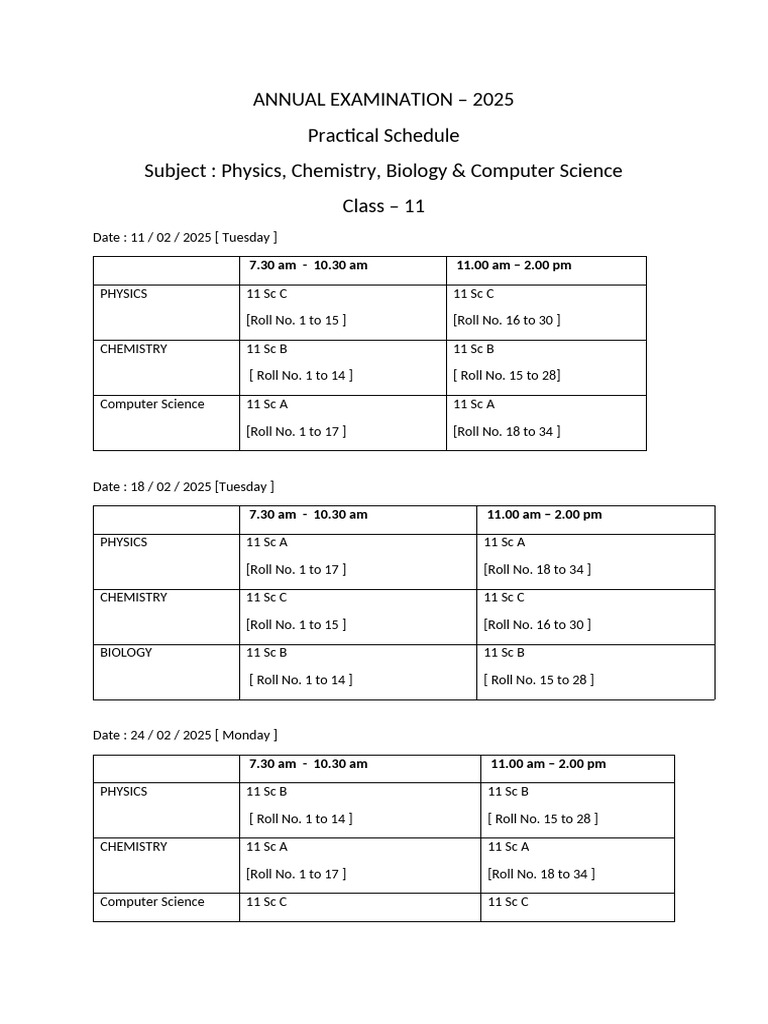SC - Annual Examination - 2025 - Practical Schedule | PDF