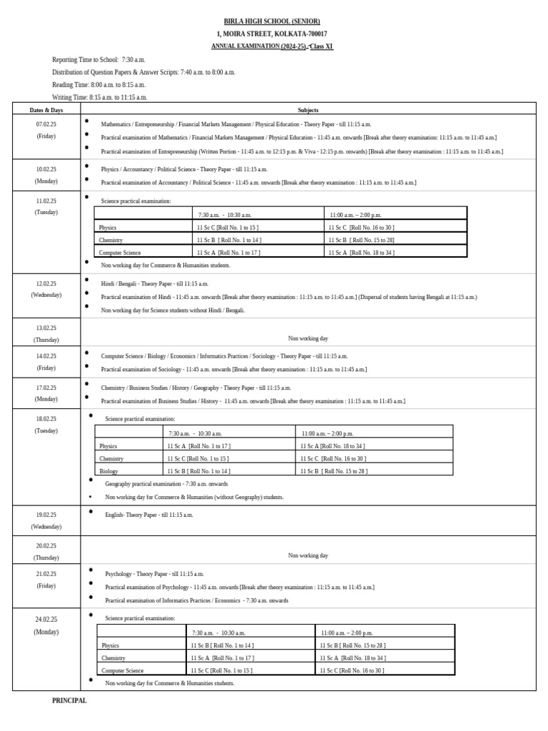 Class XI (2024-25) Annual Examination Schedule | PDF | Science